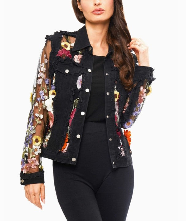 Adore Apparel - Black Denim Lace Jacket with Floral Embroidery